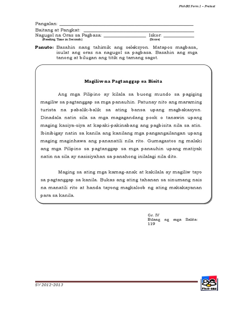Gr. 4 Magiliw Sa Pagtanggap Sa Bisita Pretest | PDF
