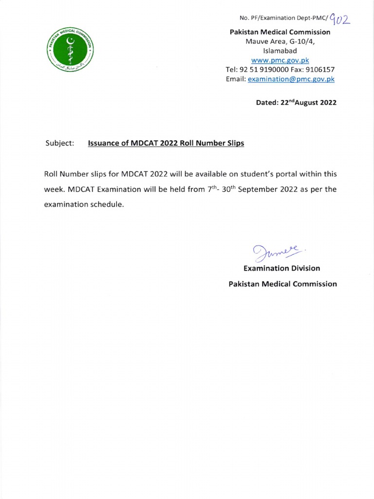 Issuance of MDCAT-2022 Roll Number Slip | PDF