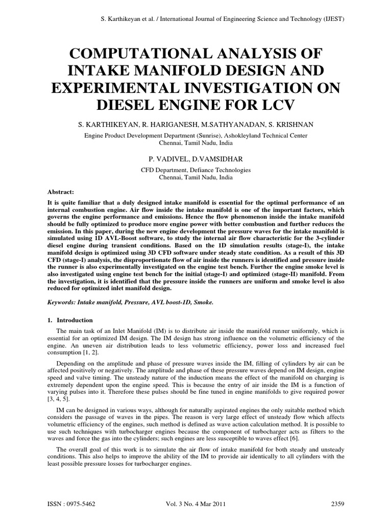 Computational Analysis of Intake Manifold Deisgn and Experimental Investigation On Diesel Engine ...