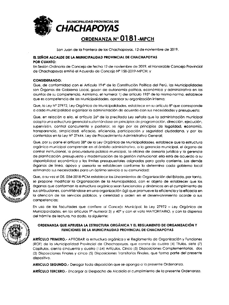 Ordenanza 2019 0181 PDF | PDF | Gobierno local | Alcalde