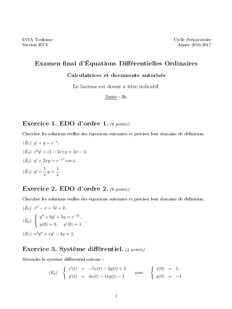 Examen EDO 2016-2017 | Descargar gratis PDF | Équations | Mathématiques