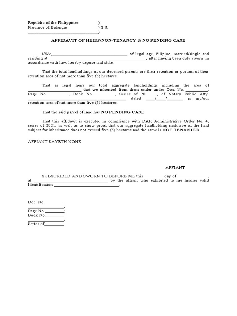 Affidavit of Heirs-Non Tenancy & No Pending Case | PDF
