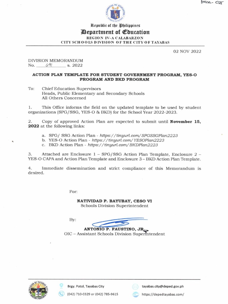 DIVISION MEMORANDUM NO. 691 S. 2022 - ACTION PLAN TEMPLATE FPR STUDENT ...