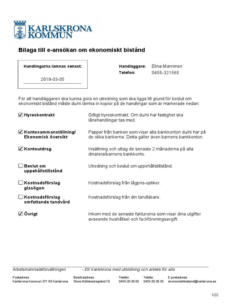 Bilaga Till e Ansökan Om Ekonomiskt Bistånd: Hyreskontrakt | PDF