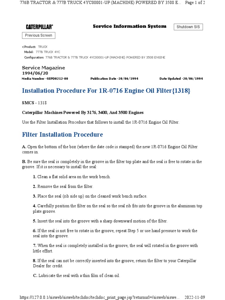 Installation Procedure For 1R-0716 Engine Oil Filter (1318) : Shutdown SIS Previous Screen | PDF ...