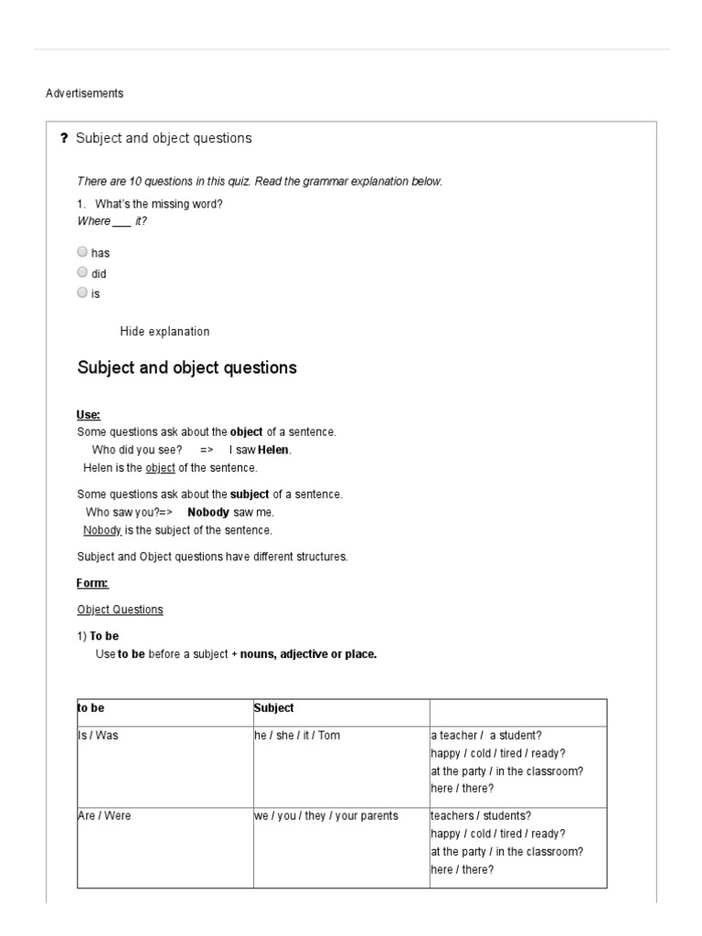 A2 Grammar - Subject and Object Questions | PDF | Verb | Subject (Grammar)