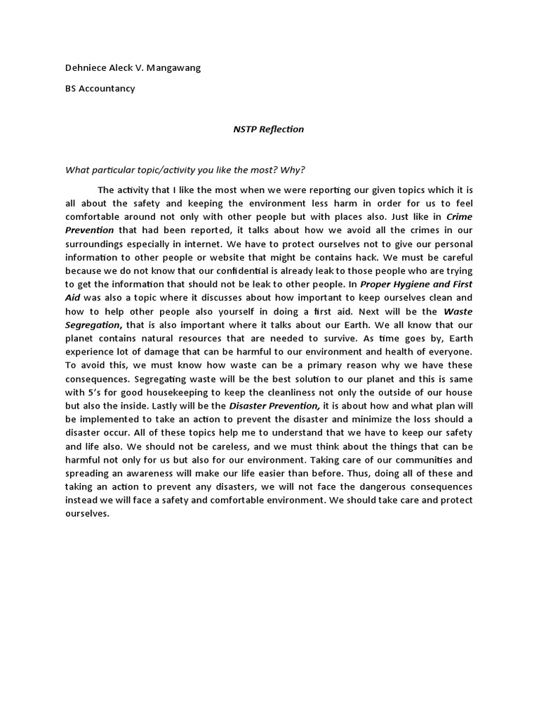 NSTP Reflection | PDF | Awareness | Behavior