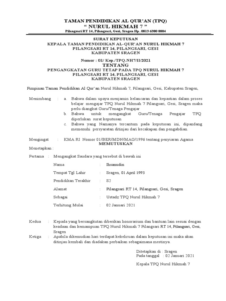 4 Contoh SK Kepala Dan Tenaga Pengajar-1 | PDF