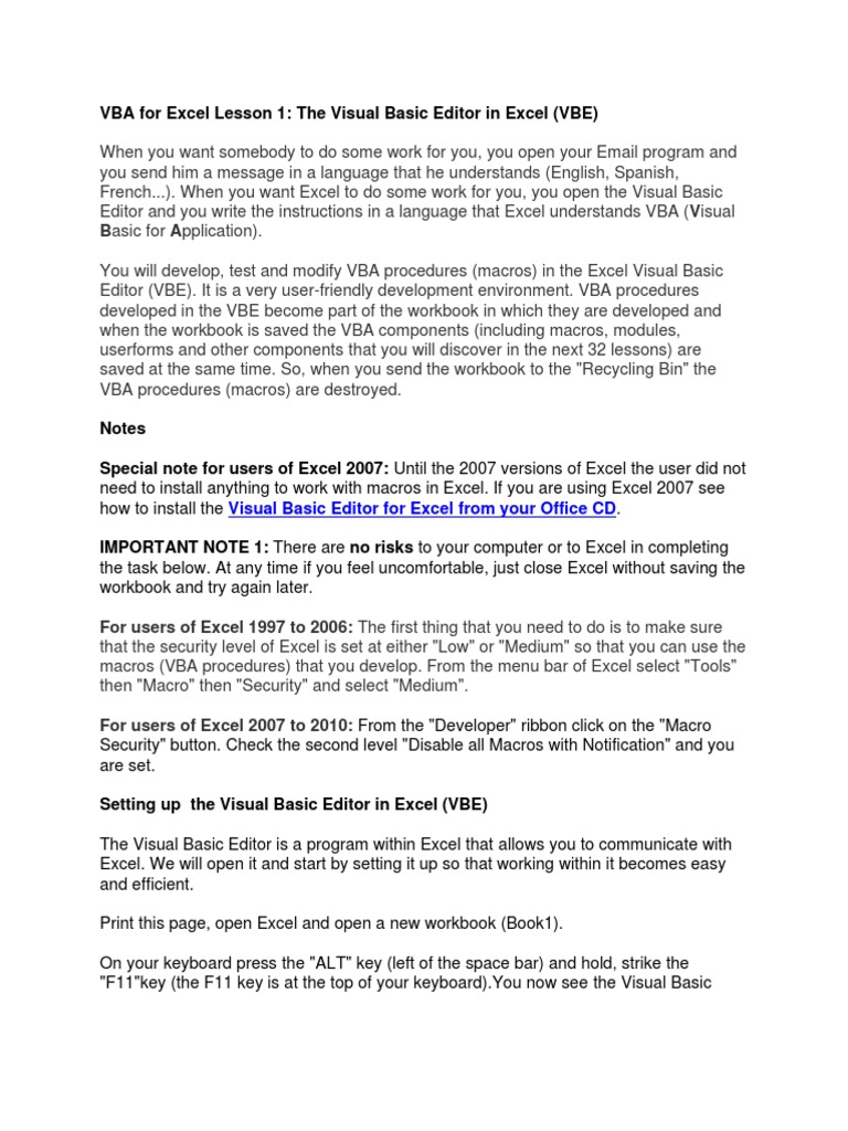 VBA For Excel Lesson 1 | PDF | Microsoft Excel | Visual Basic For Applications