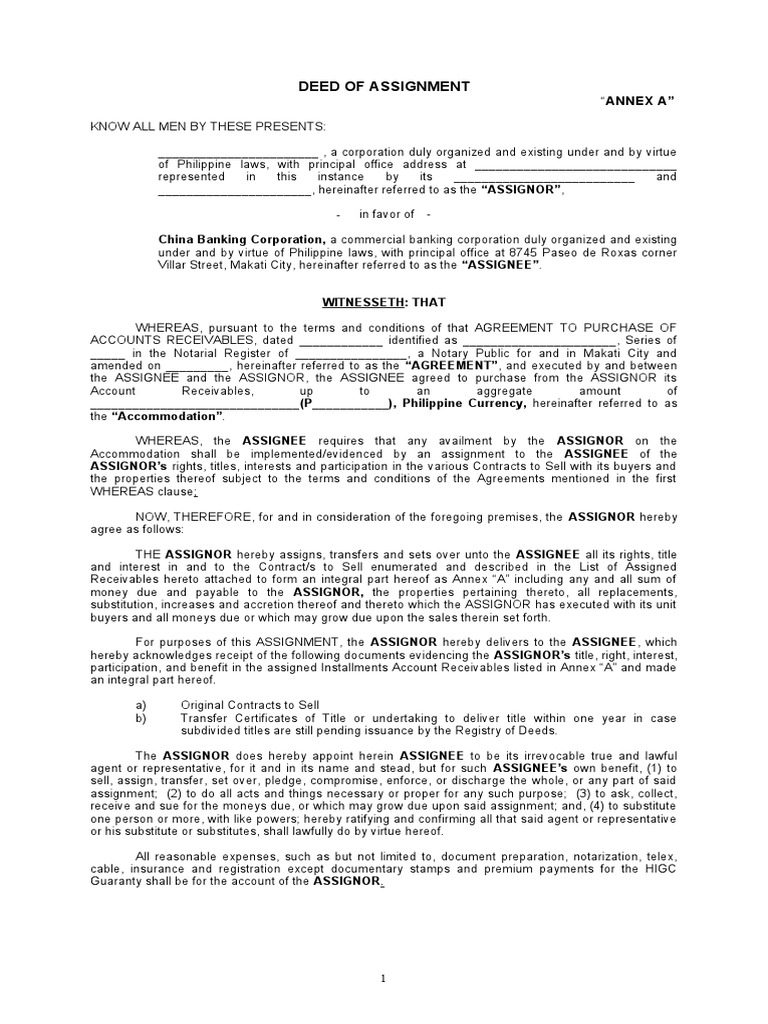Annex A Deed of Assigment | PDF | Assignment (Law) | Law And Economics