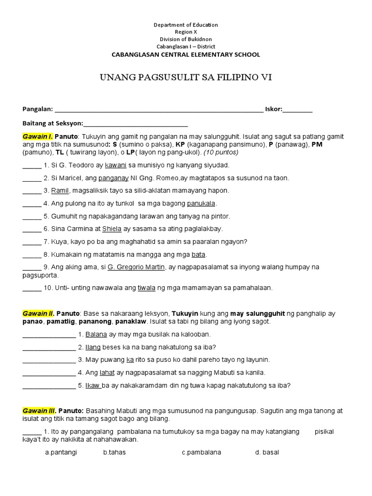 Filipino (Test Paper) | PDF