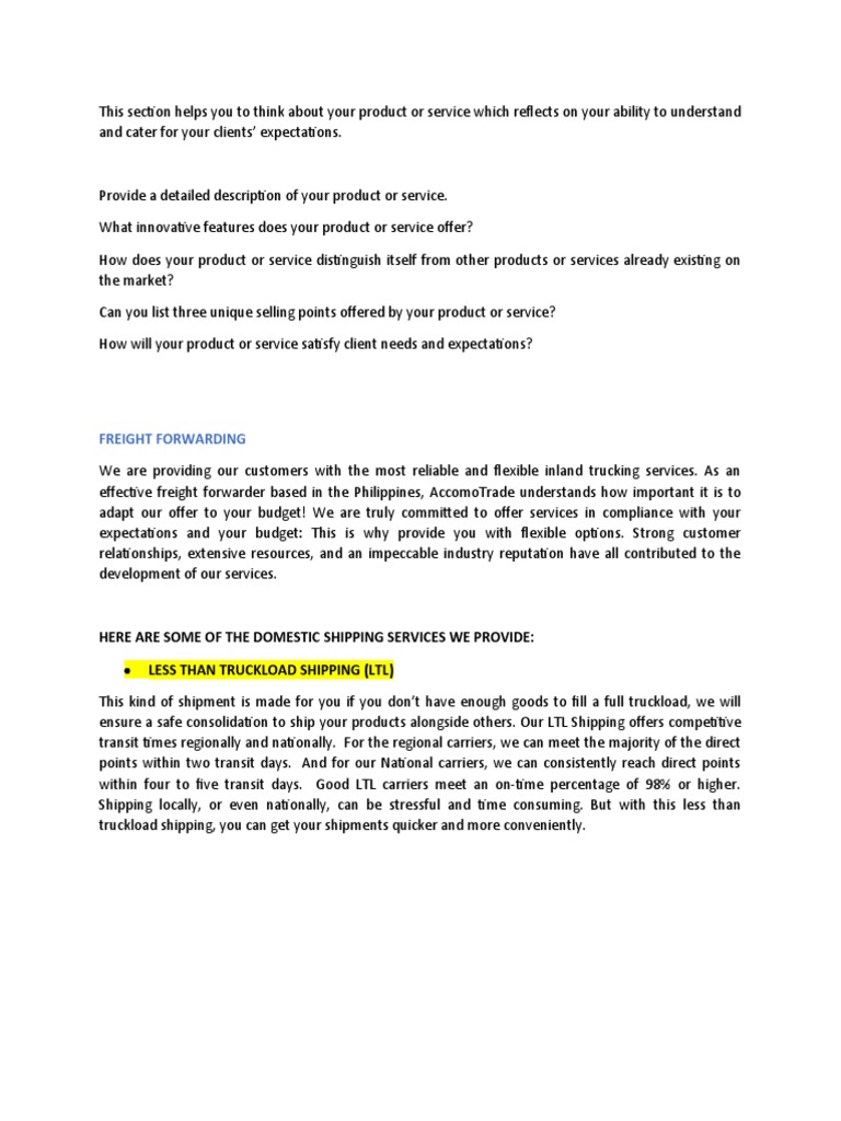 Product or Service Description | PDF | Cargo | Warehouse