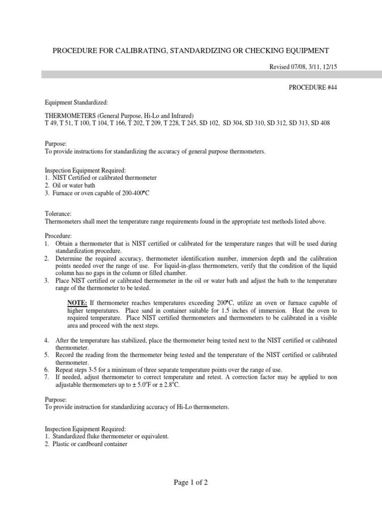 Procedure For Calibrating, Standardizing or Checking Equipment | PDF ...