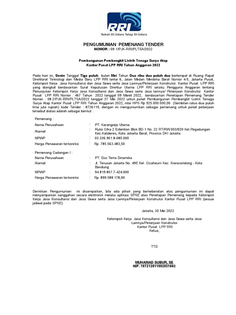 Pengumuman Pemenang Tender PLTSA 2022 | PDF