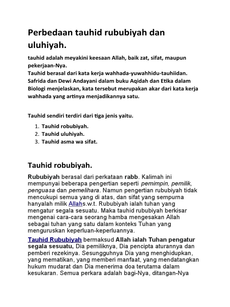 Perbedaan Tauhid Rububiyah Dan Uluhiyah 2 | PDF