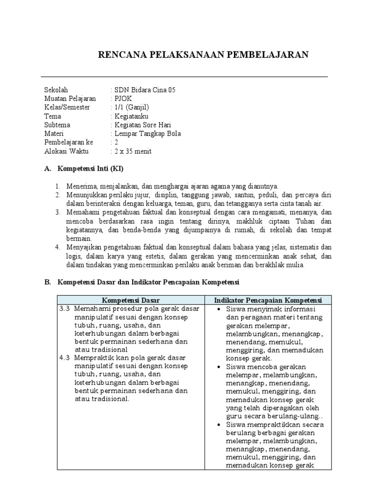 RPP Kelas 1 Tema 3 Subtema 3.2 Lempar Tangkap Bola | PDF
