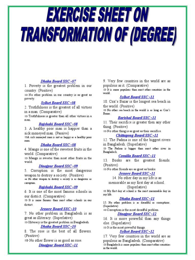 Transformation of Sentence (Degree) Exercise Sheet | PDF | Bangladesh