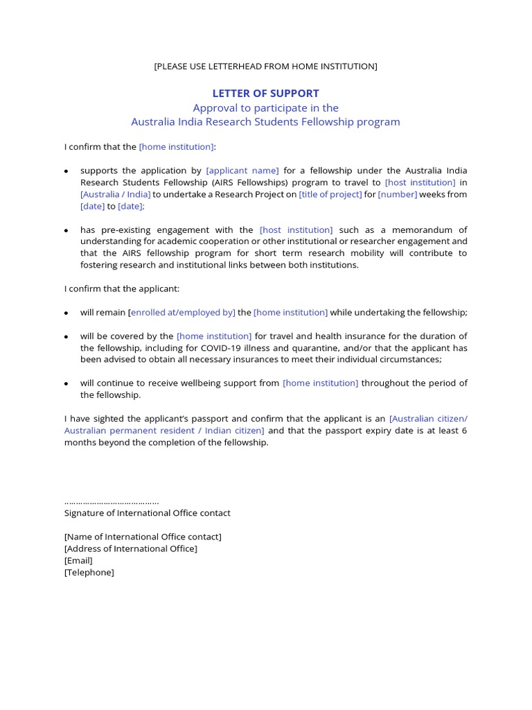 Letter of Support Template (From Home Institution) | PDF