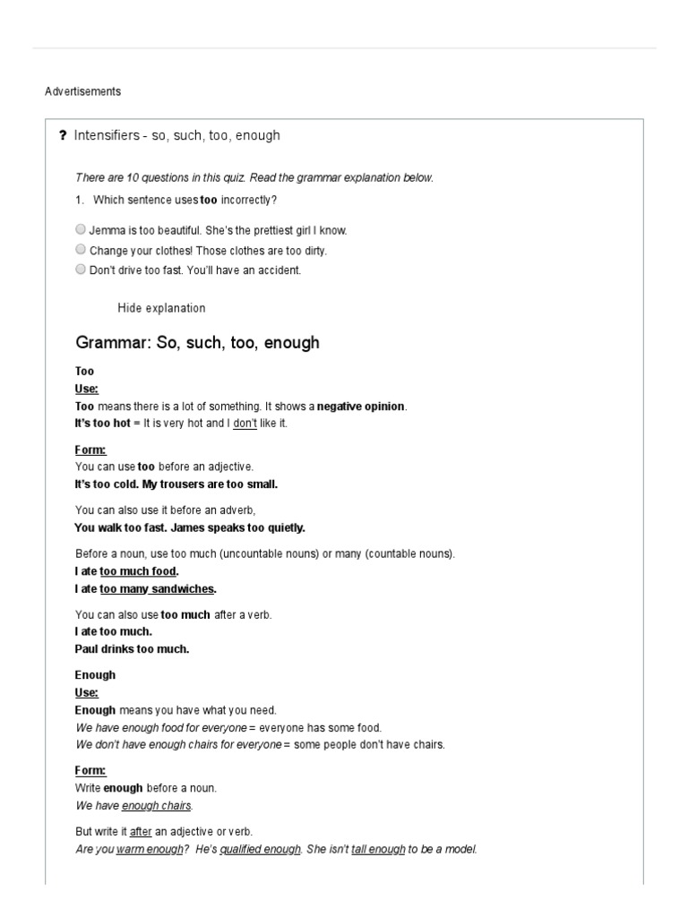 B1 Grammar - Intensifiers - So, Such, Too, Enough | PDF | Adjective | Verb