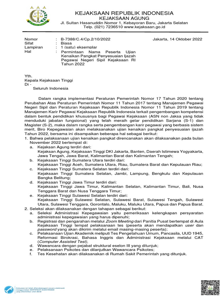 Surat Permintaan Nama Peserta PI PNS Kejaksaan Tahun 2022 | PDF