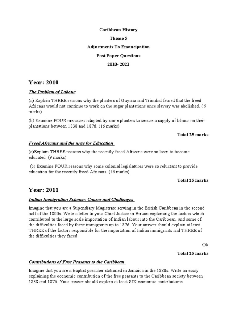 Theme 5 Past Paper Questions Adjustments To Emancipation | PDF ...