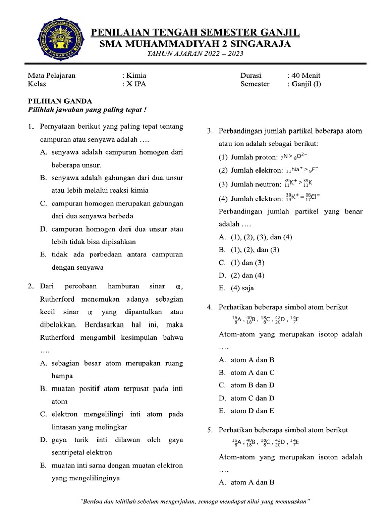 Soal PTS Ganjil Kimia X Ipa 22-23 | PDF
