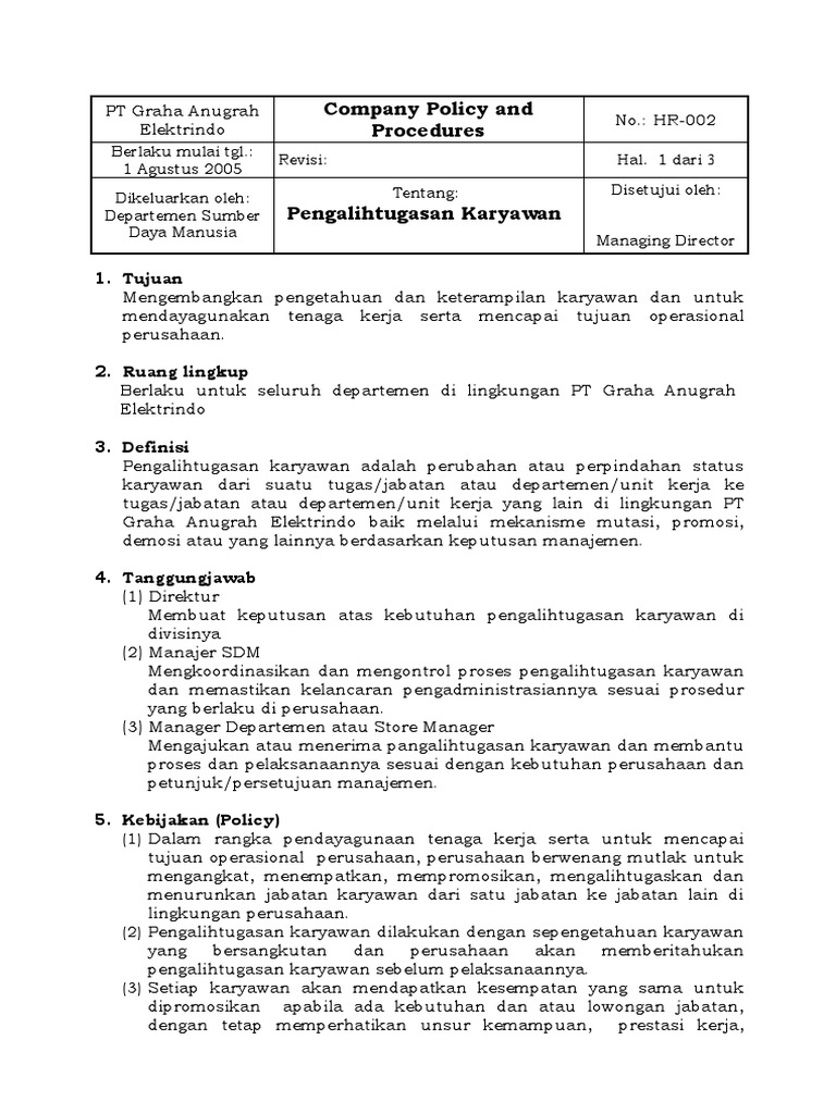Sop No HR-CP&P-002 TTG Pengalihtugasan Karyawan | PDF