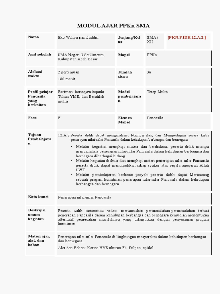 Contoh Modul Ajar Elemen Pancasila Fase F | PDF