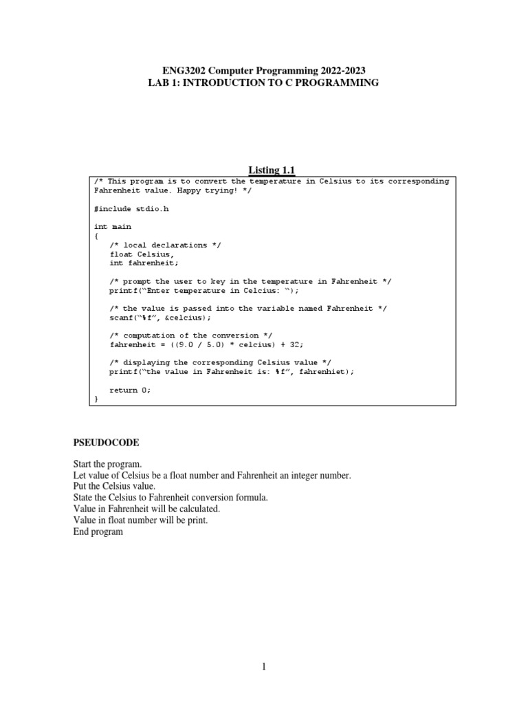 Lab 1 Eng3202 | Download Free PDF | Fahrenheit | Computer Science
