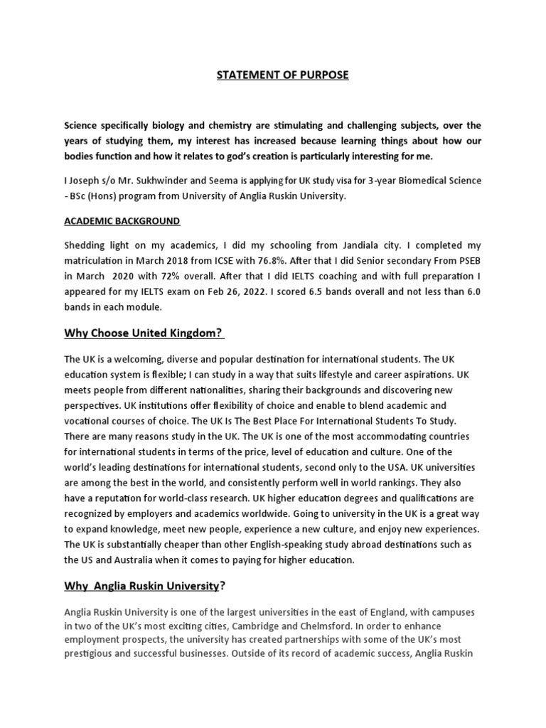 Statement of Purpose | PDF | International Student | Health Care