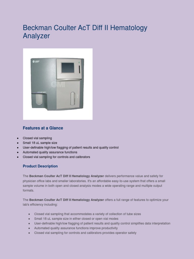 Beckman Coulter AcT Diff II Hematology Analyzer | PDF