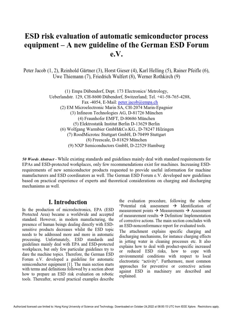 ESD Risk Evaluation of Automatic Semiconductor Process Equipment A New Guideline of The German ...