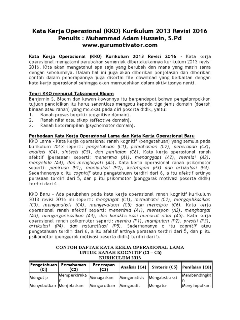 Kata Kerja Operasional (KKO) Kurikulum 2013 Revisi 2016 | PDF