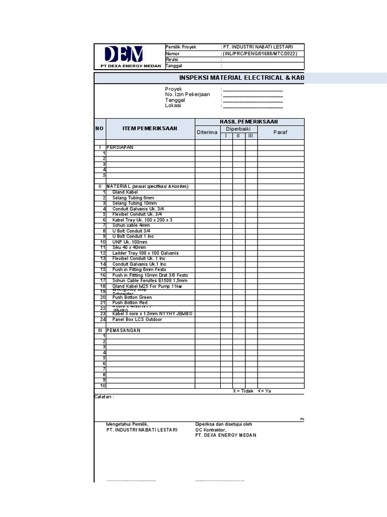 Form Inspeksi Panel Listrik dan Kabel | PDF