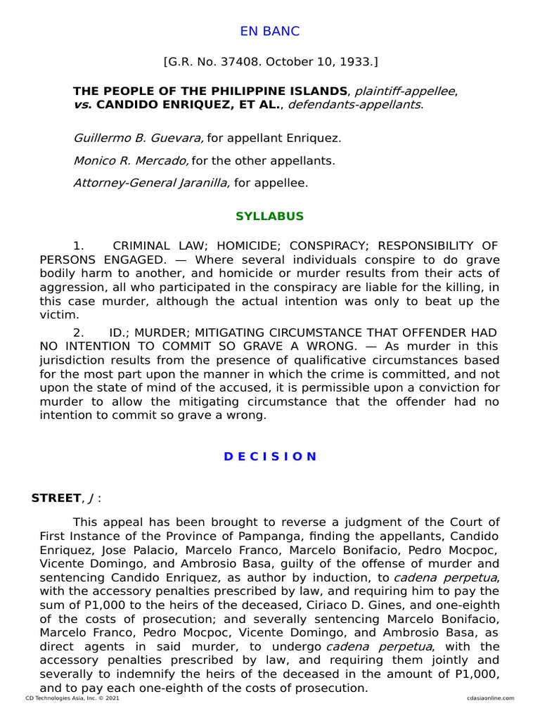 PP v. Enriquez (1933) (Mitigating, Praeter Intentionem) | PDF | Murder ...