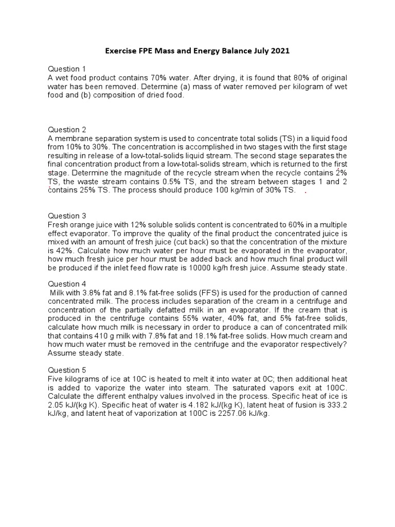 Mass and Energy Balance Exercises | PDF | Heat | Water