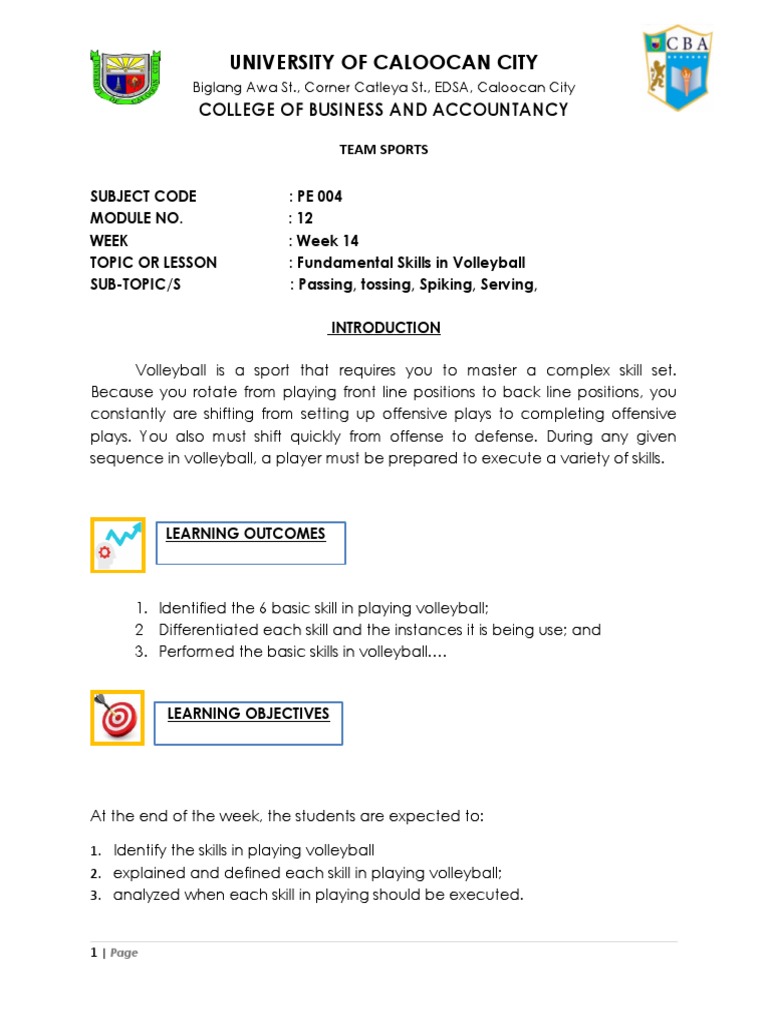 Module 12 Week 14 PE 004 Fundamental Skills in Volleyball | PDF ...