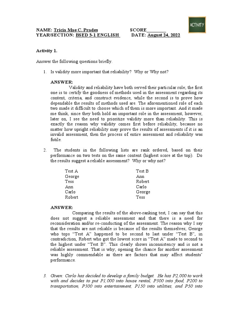 Tricia Mae Prades - A-1 - L-2 | PDF | Educational Assessment | Cognition