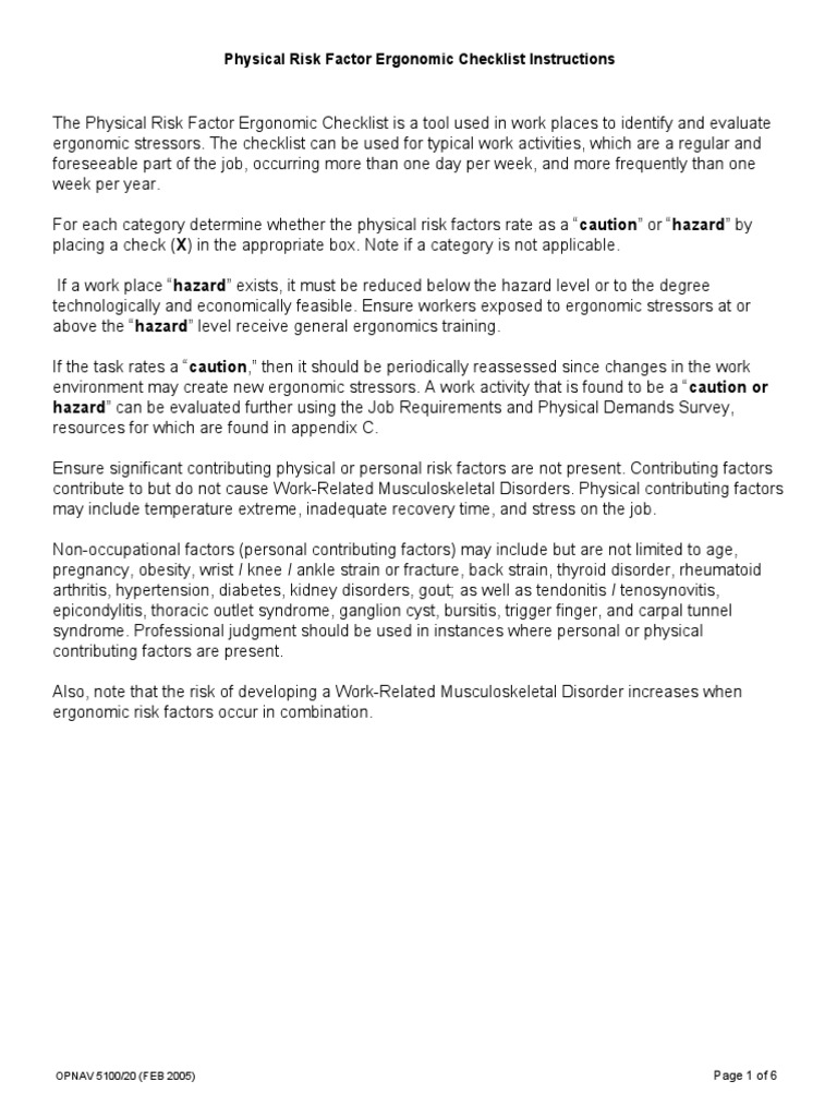 Physical Risk Factor Ergonomic Checklist Instructions | PDF | Human ...