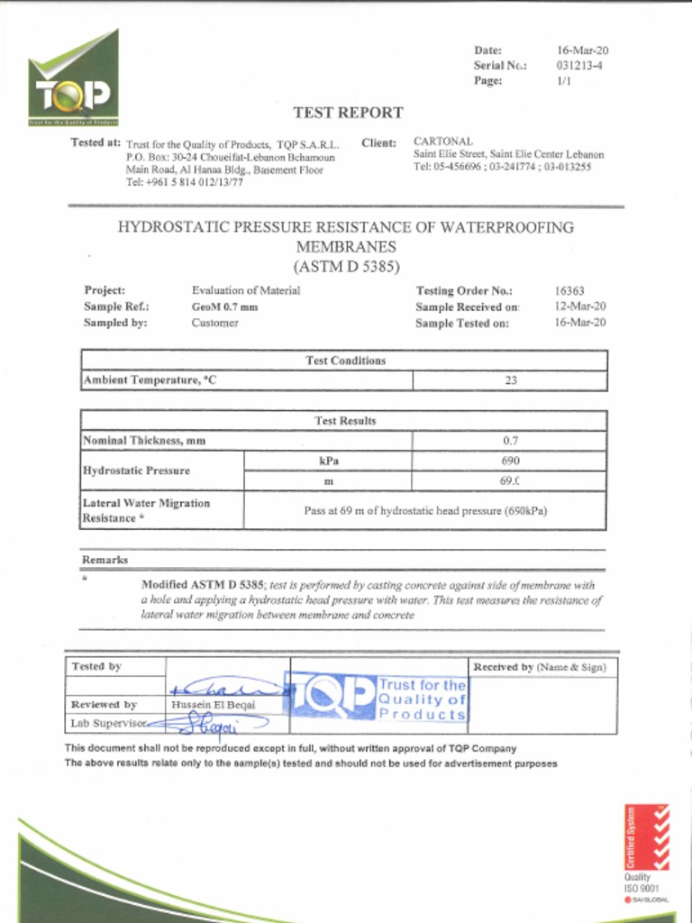 CARTONAL - Waterproof - Hydrostatic Pressure (16363) 12-03-20 031213 | PDF