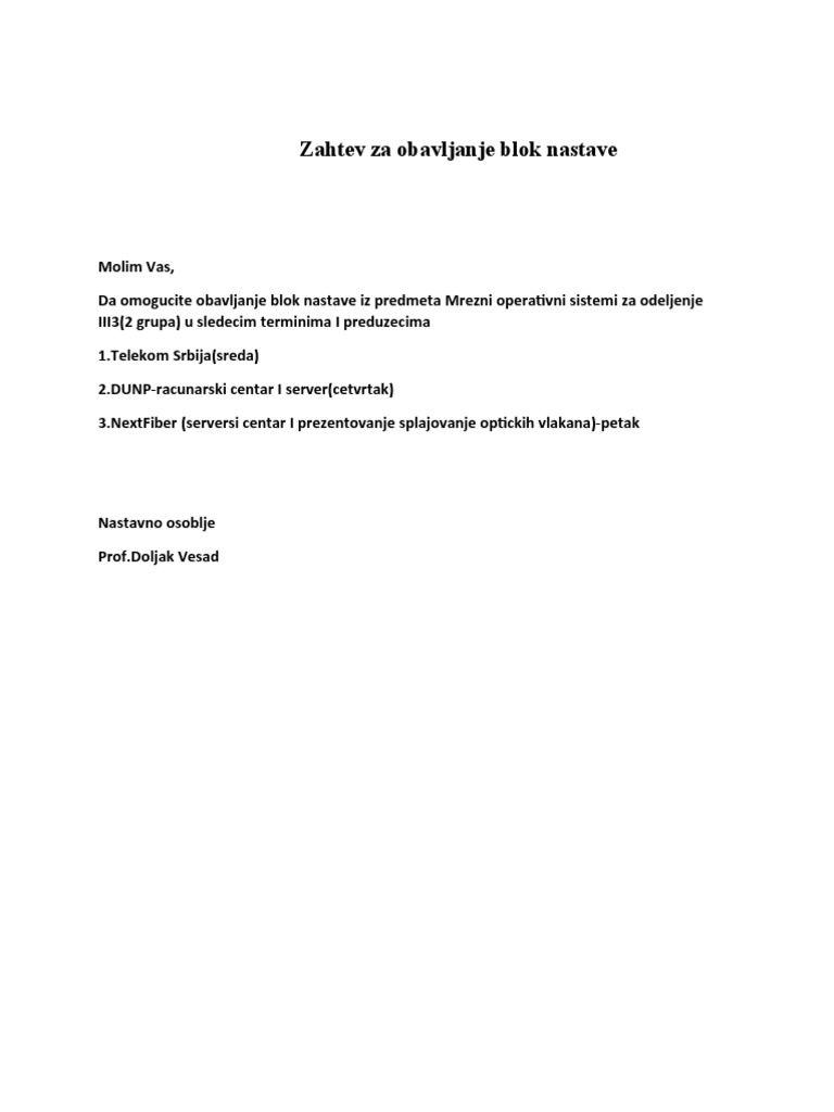 Zahtev Za Obavljanje Blok Nastave | PDF