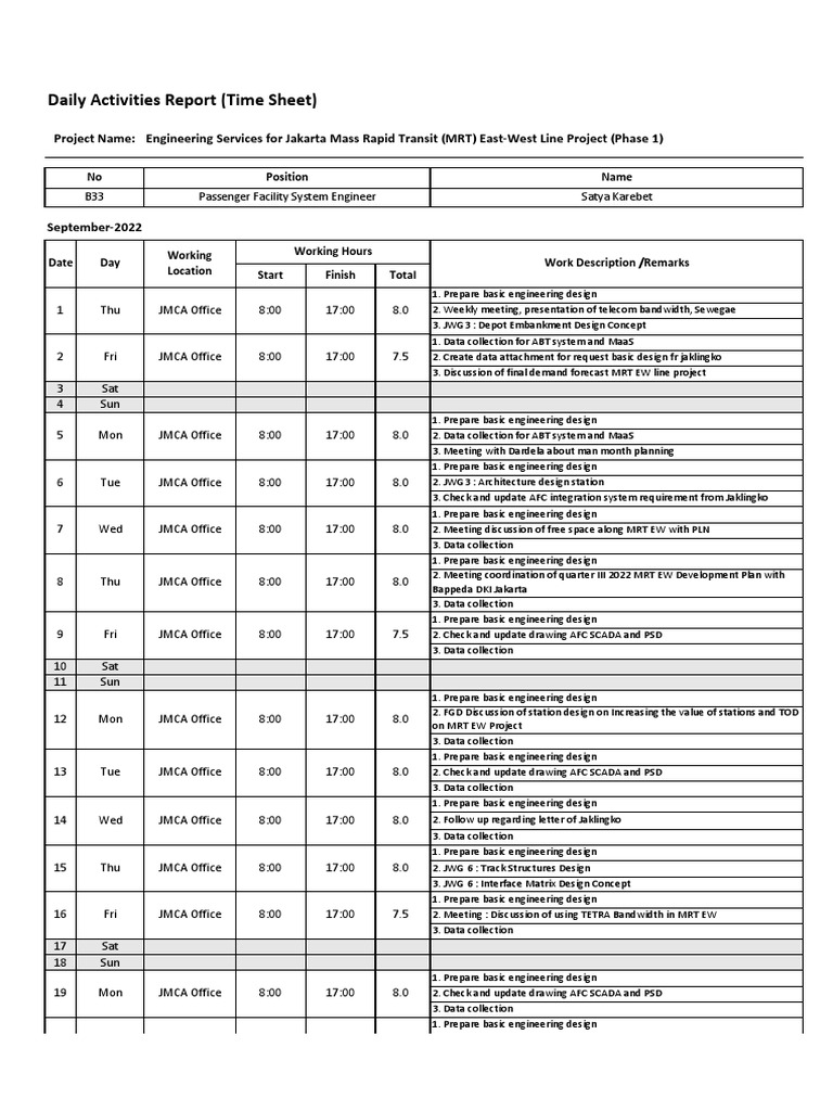 Time Sheet - SEPT 2022 - B33 - Passenger Facility System Engineer - Satya Karebet | PDF ...