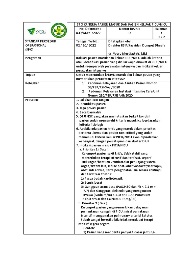 Spo Kriteria Keluar Masuk Nicu Picu Akp | PDF