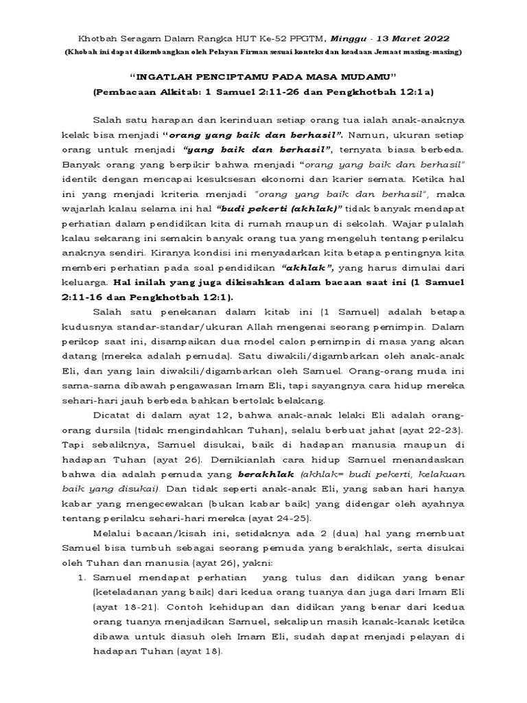 Khotbah HUT PPGTM 2022 | PDF