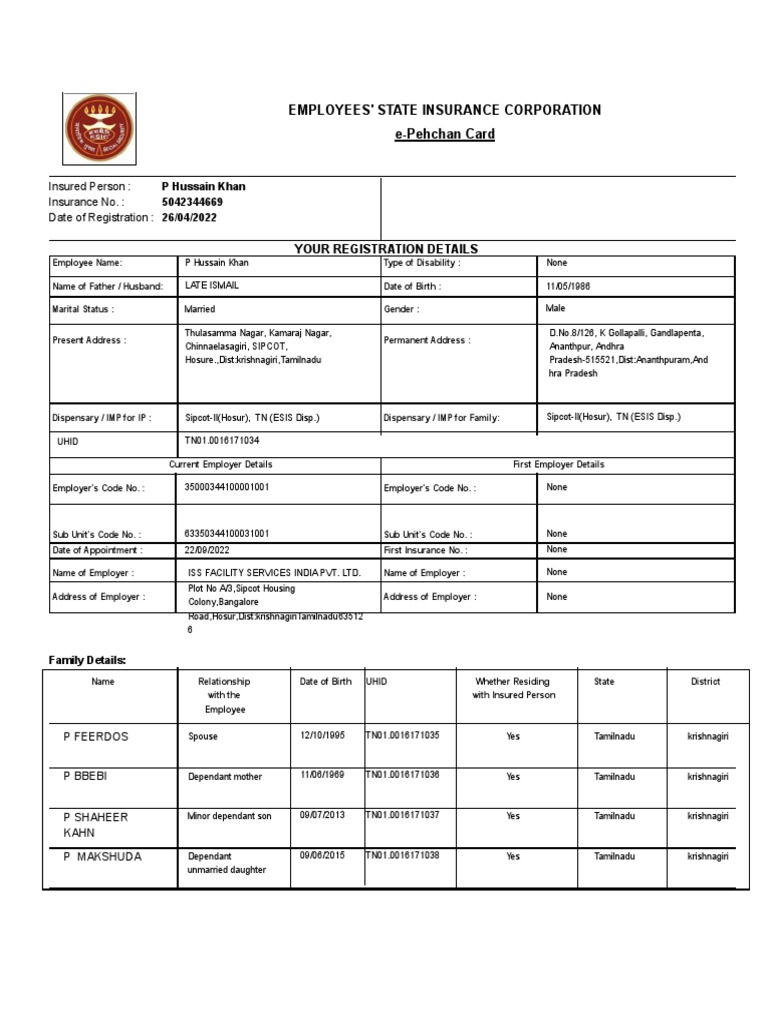 ESI Card Details for Benefits and Medical Entitlement | PDF | Social ...