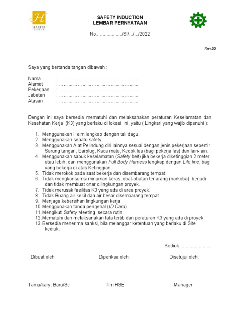 2.form Safety Pernyataan Safety Induction | PDF