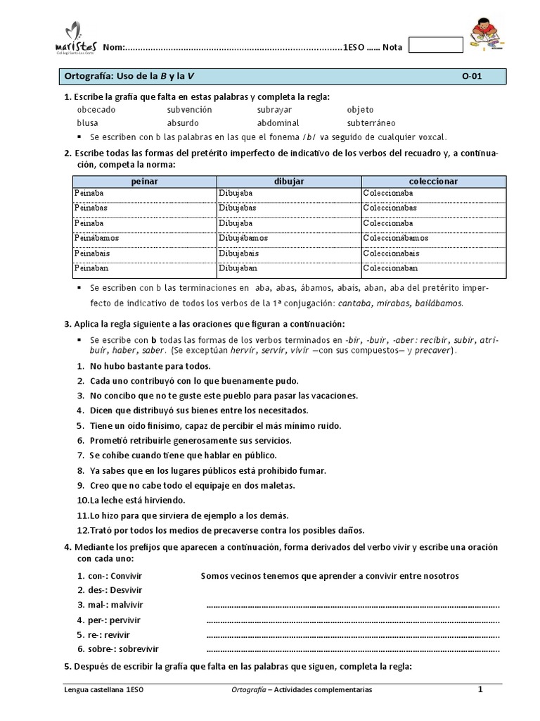 Ejercicios de ortografía B y V 1 ESO | PDF | Verbo