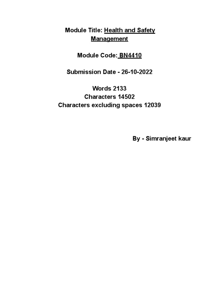 Module Title - Health and Safety Simranjeet Kaur Management | PDF | Occupational Safety And ...
