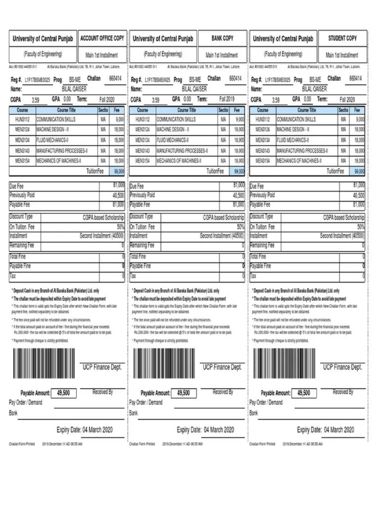 UCP Fee Challan | PDF