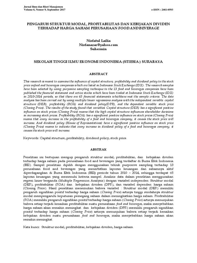 Pengaruh Struktur Modal, Profitabilitas Dan Kebijakan Dividen Terhadap Harga Saham Perusahaan ...
